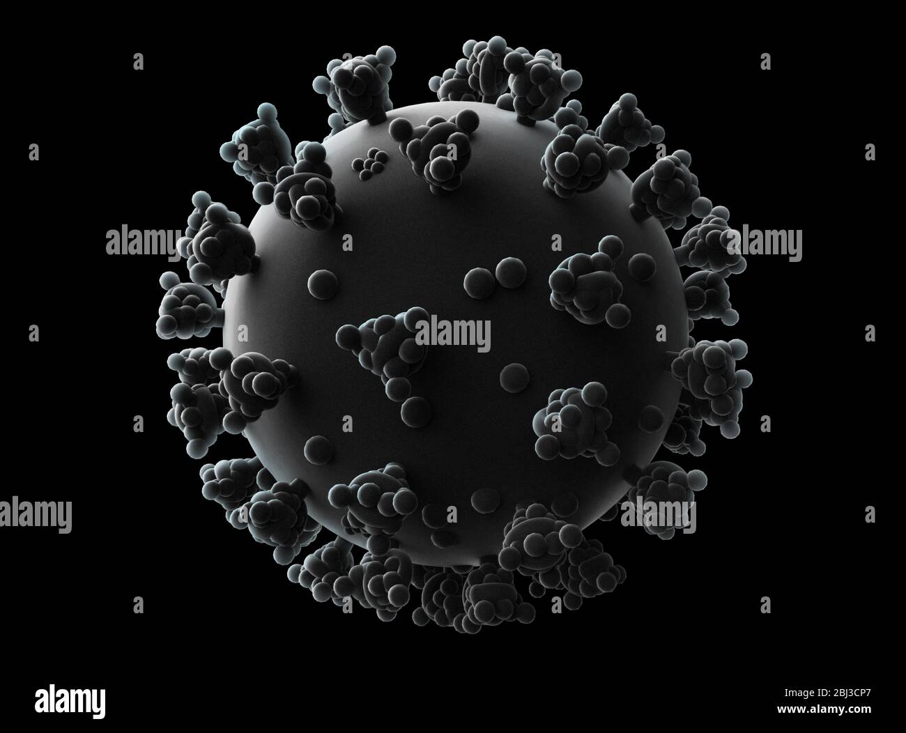 Stylized medical illustration of a gloomy black coronavirus infection ...