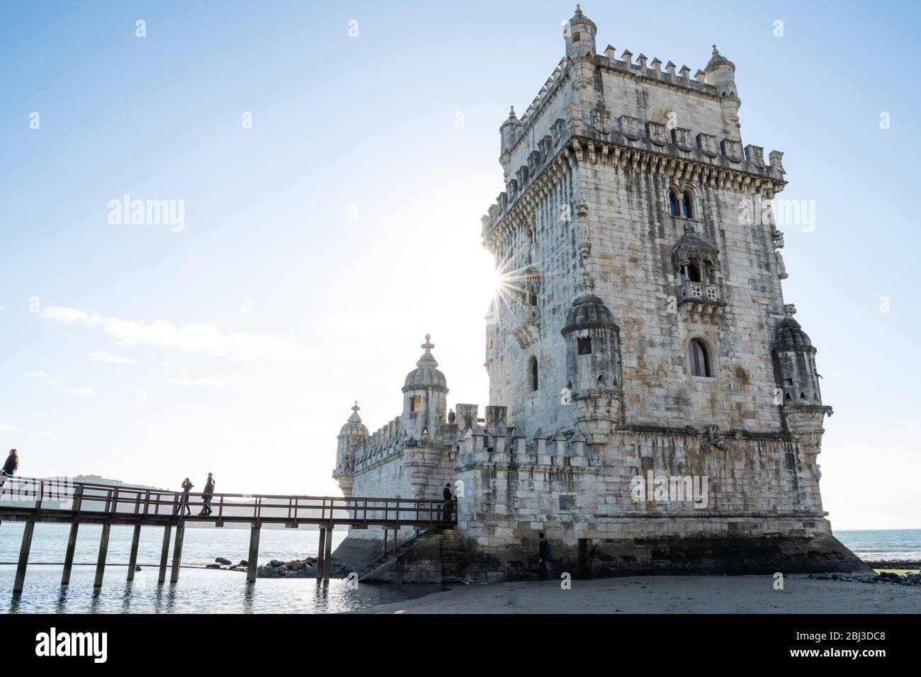 Torre de Belem in the sunlight - backlight, blue sky - Lisbon Stock ...