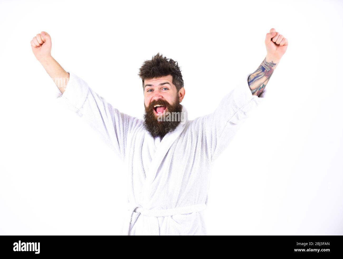 Happy guy shouting: Hurray Energetic bearded man isolated on white ...