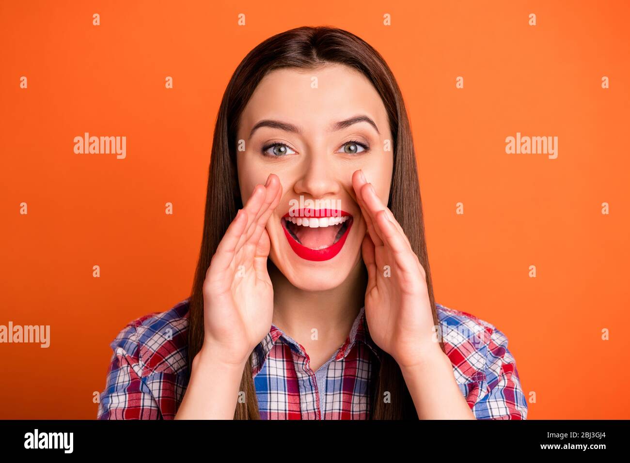 Portrait Of Surprised Crazy Girl Hear Incredible Novelty Hand Mouth