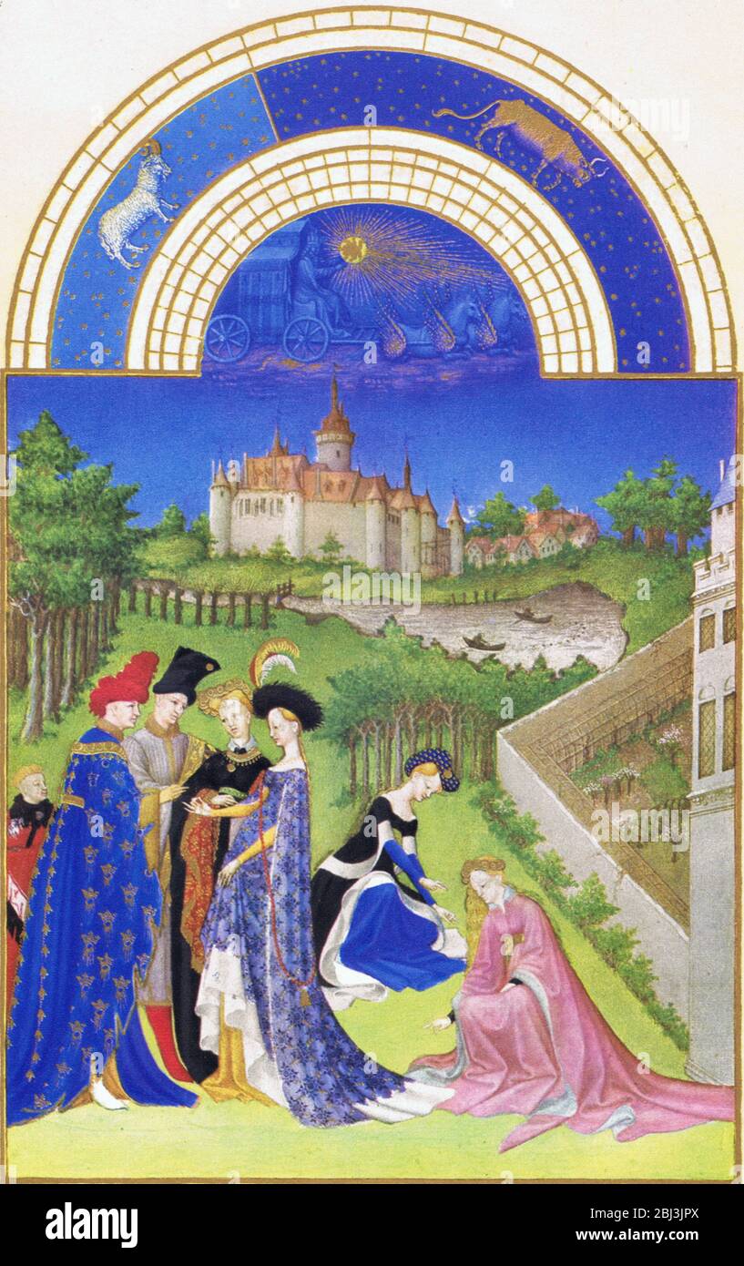 Vintage Medieval historical lifestyle artwork depicting everyday life ...