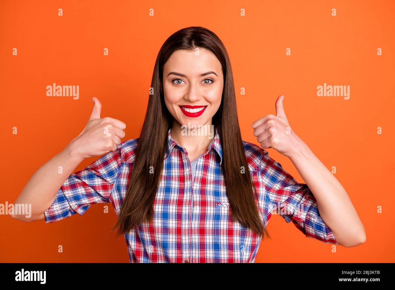 Portrait of positive cheerful girl present perfect advert promo approve ...