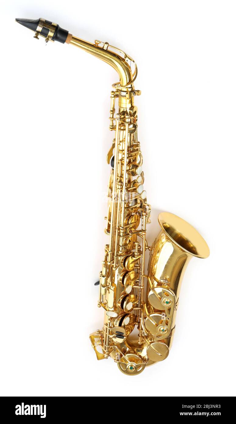 Golden saxophone isolated on white background Stock Photo - Alamy