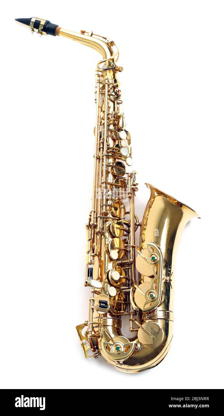 Golden saxophone isolated on white background Stock Photo - Alamy