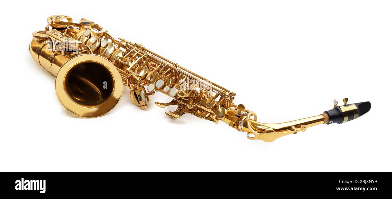 Golden saxophone isolated on white background, close up Stock Photo - Alamy