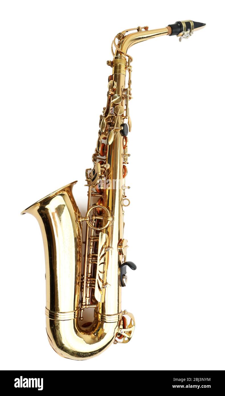Golden saxophone isolated on white background Stock Photo - Alamy