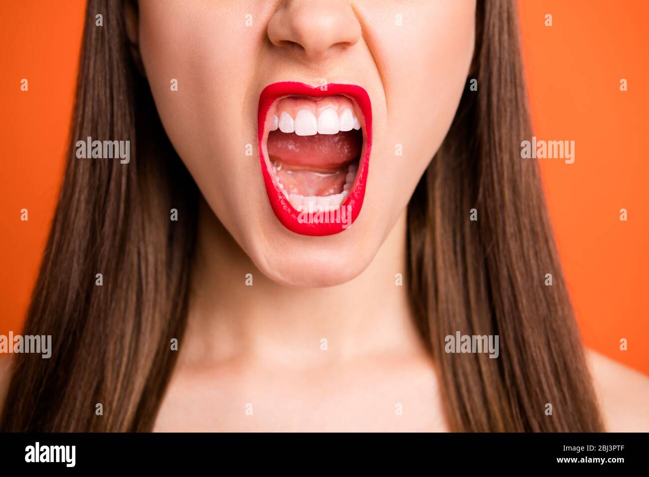 Closeup cropped photo of attractive lady grinning yelling loud bright ...