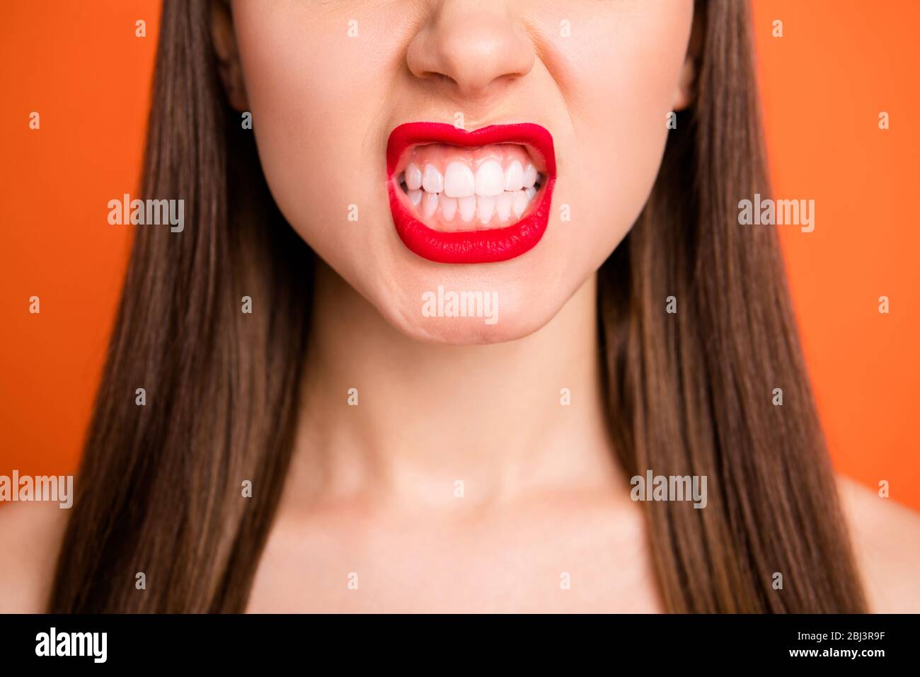 Closeup cropped photo of attractive lady grinning teeth bright red ...