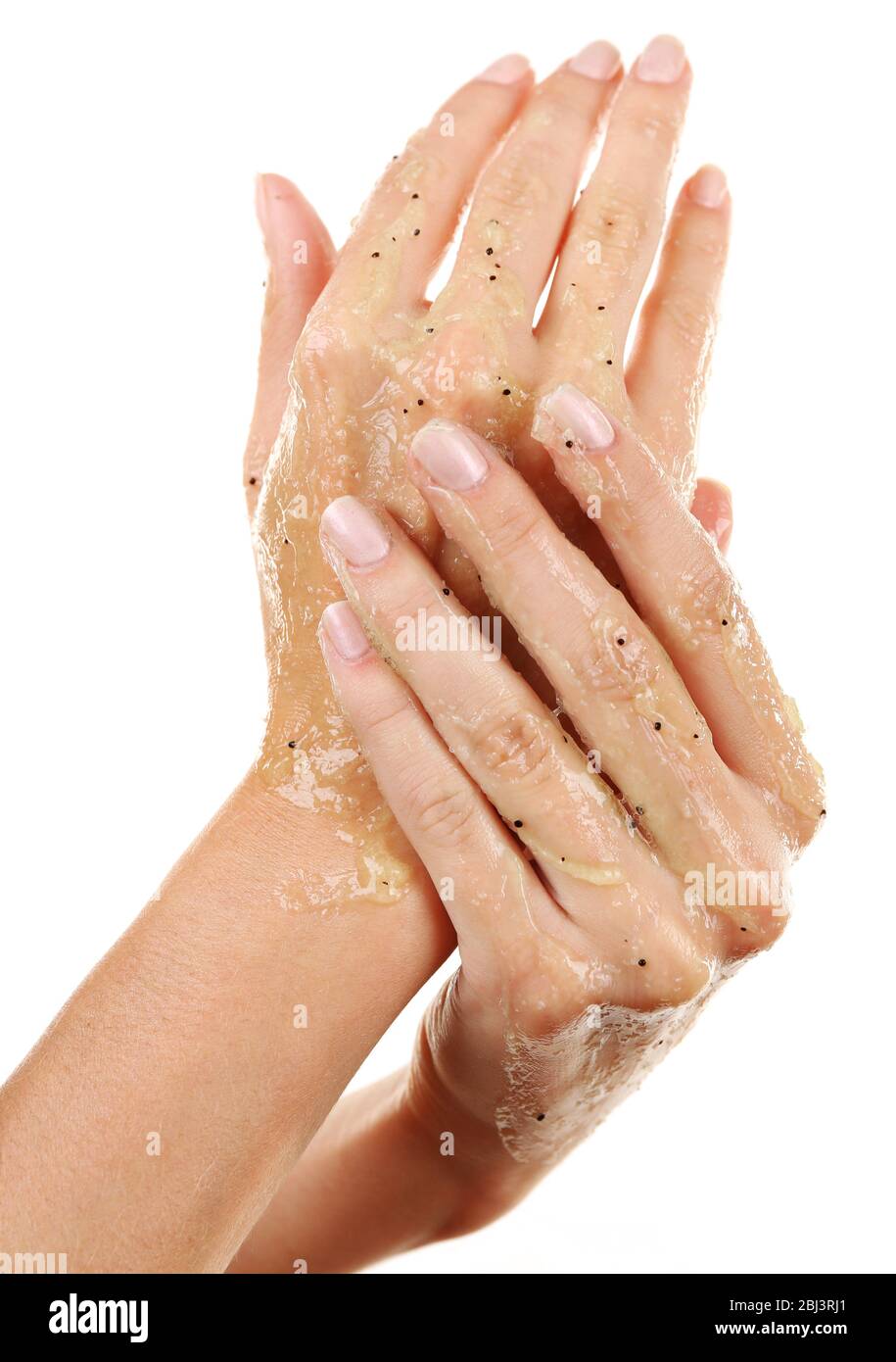 Woman's hands using scrub isolated on white Stock Photo - Alamy