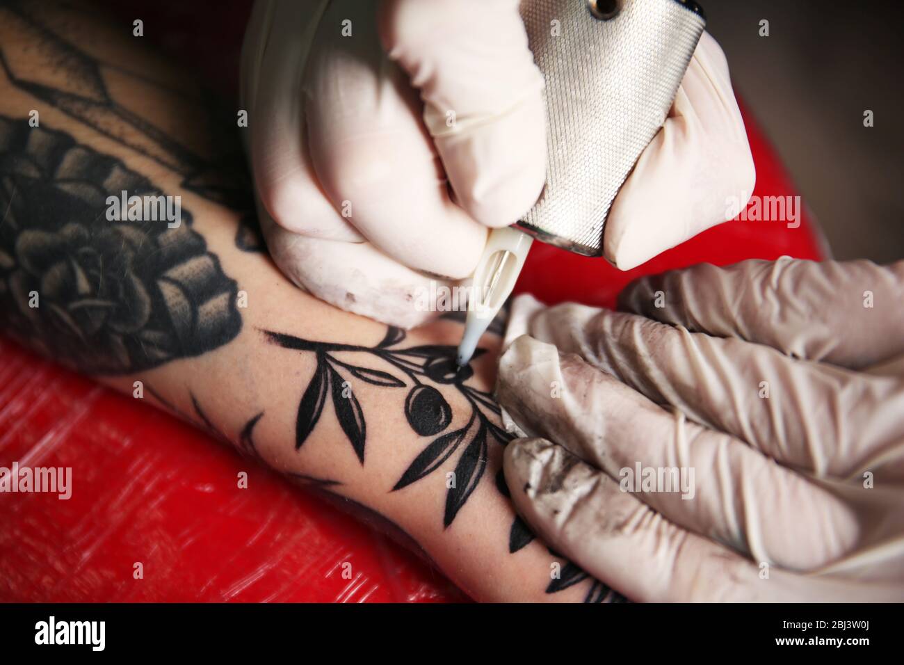 Professional tattoo artist doing tattoo on client hand Stock Photo - Alamy
