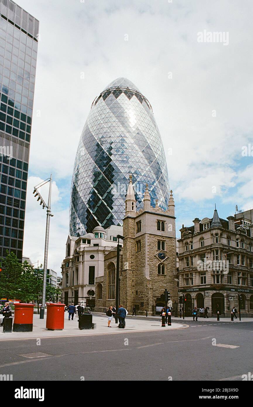 The Gherkin and St Andrew Undershaft church in the City of London, from ...