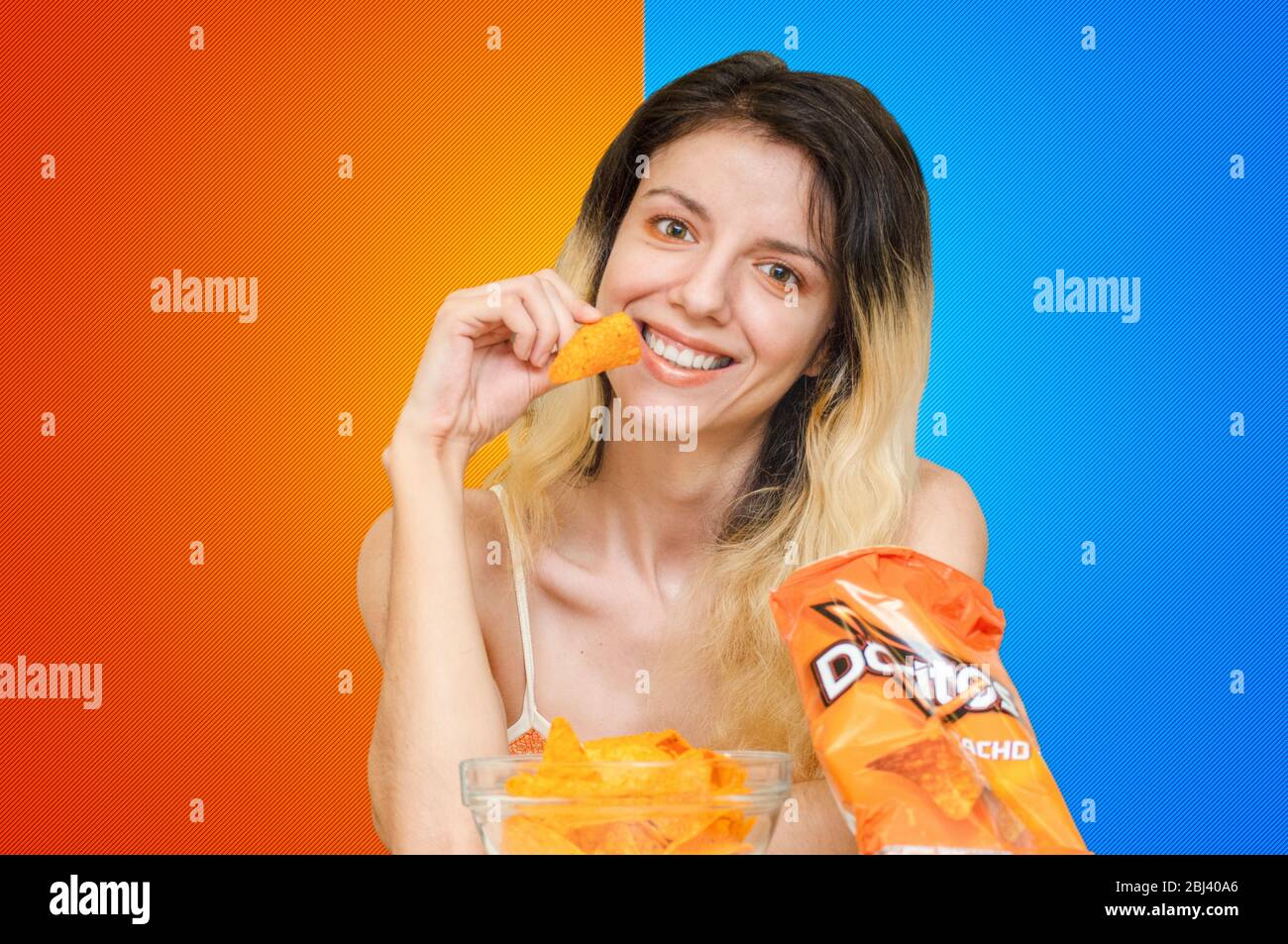 25 April 2020-Bucharest, Romania. Blonde, attractive female enjoying ...