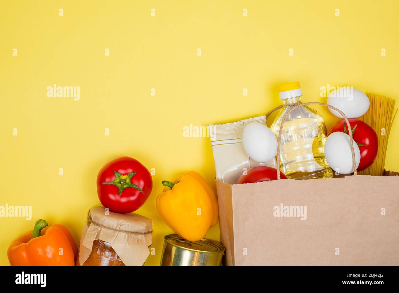Donation box with various smart food. Paper bag. Food donations or food ...