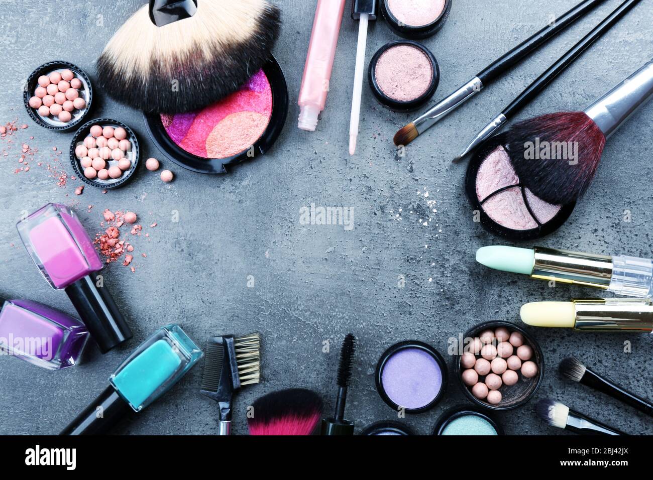 Decorative cosmetics laying out as a frame on grey background Stock ...