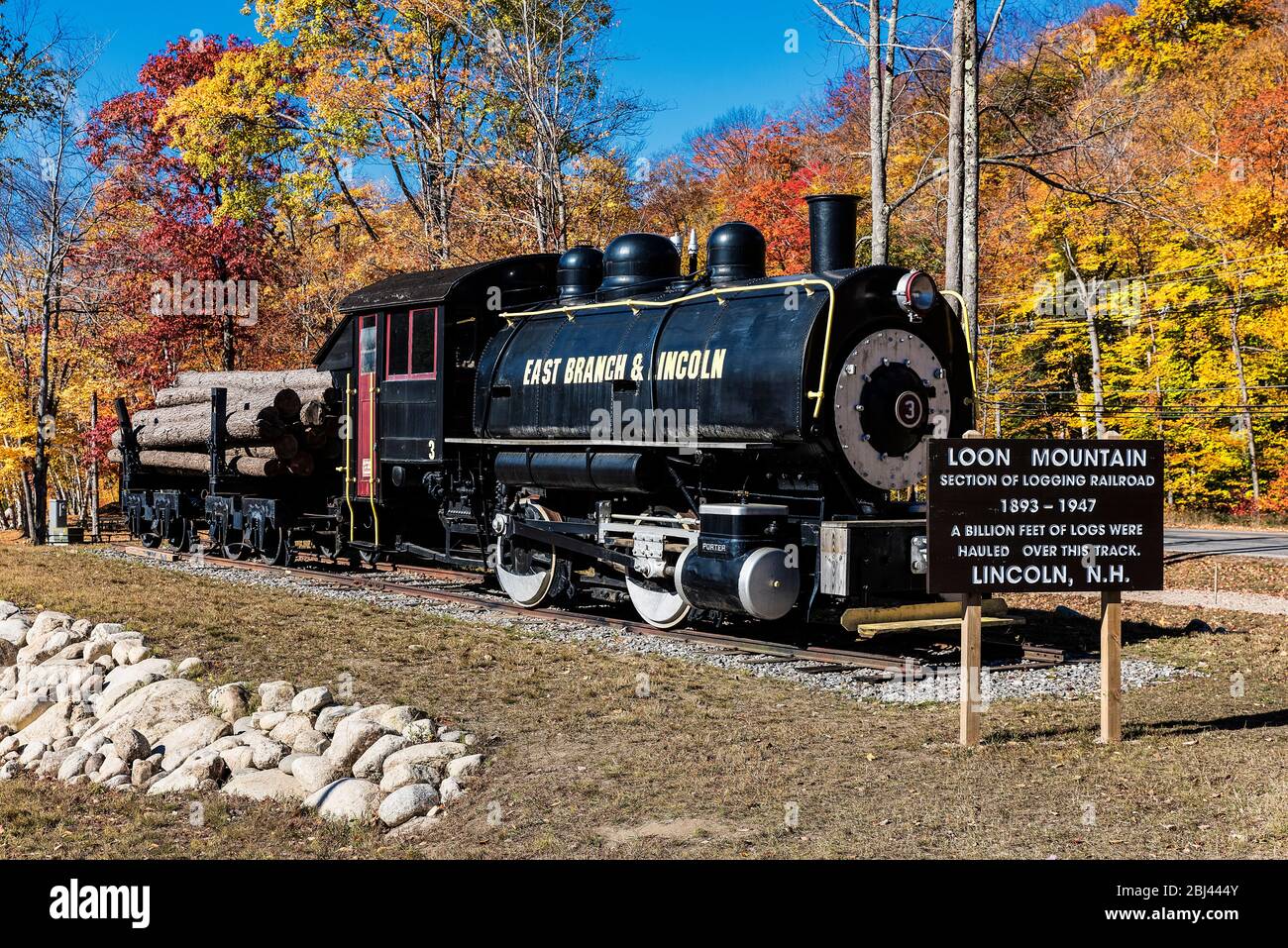 Historic logging train landmark at Loon Mountain in New Hampshire Stock ...