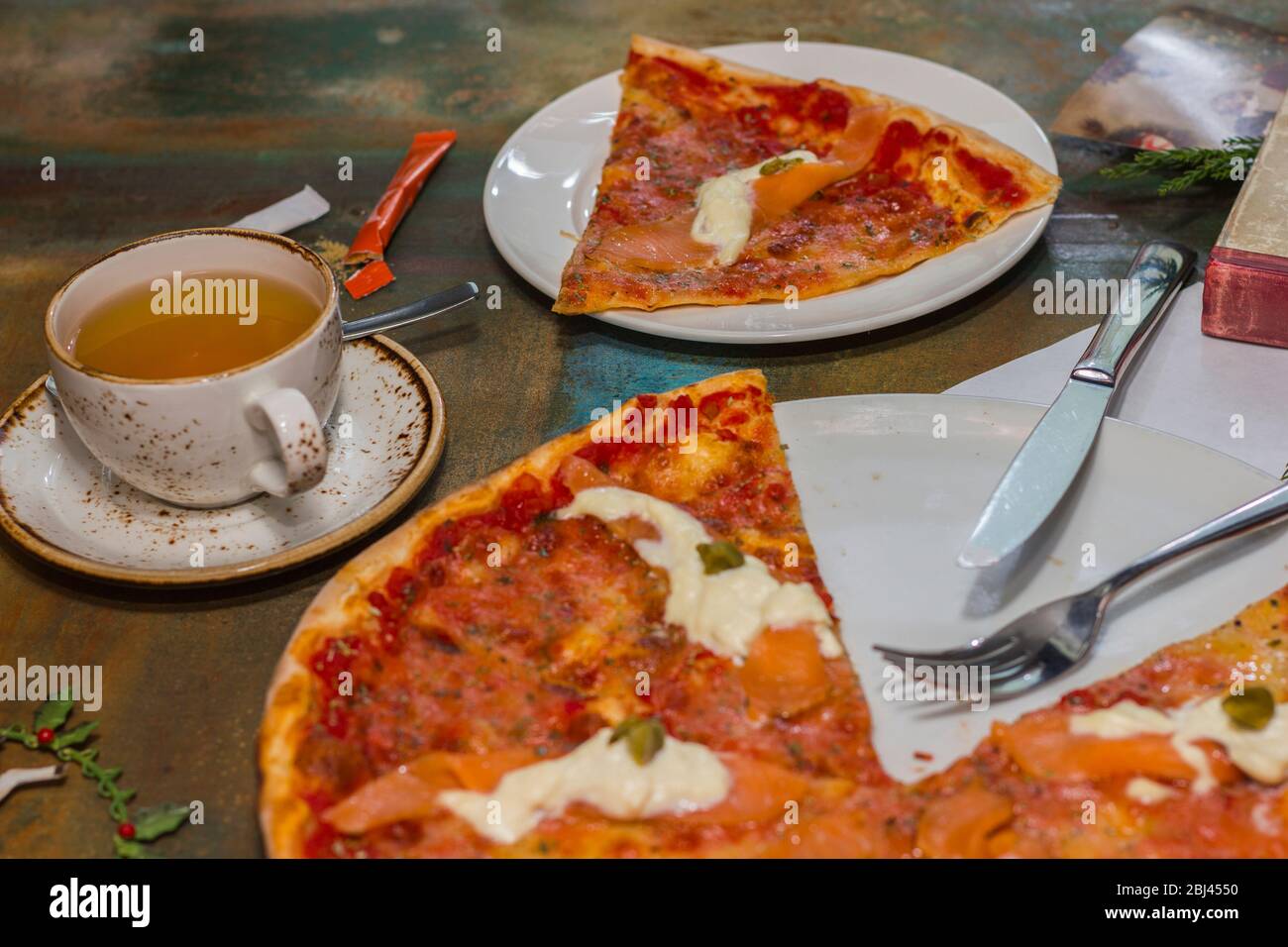 Pizza with red fish and cheese. Seafood Stock Photo - Alamy