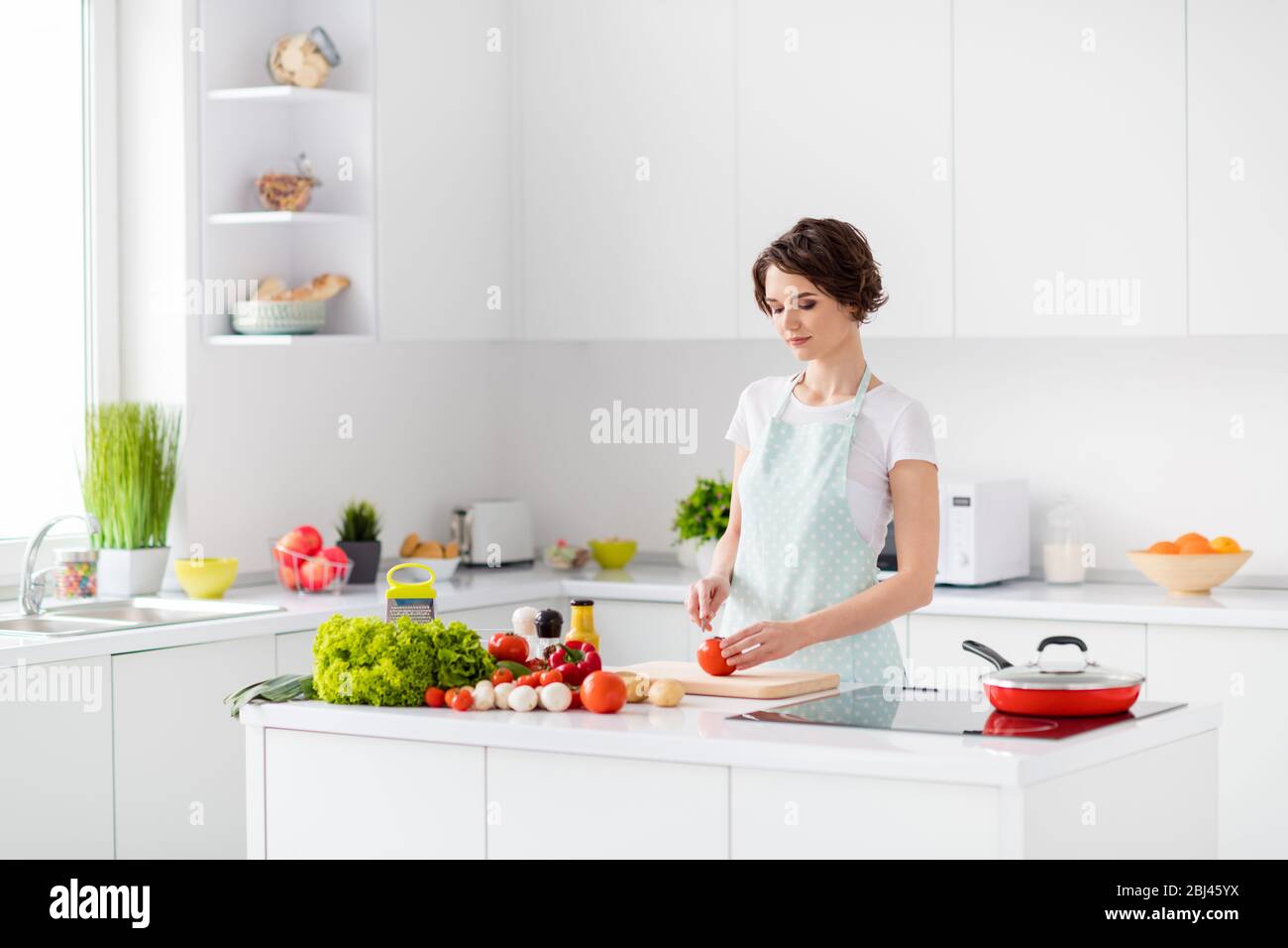 Photo of housewife attractive focused lady arms holding tomato cutting ...