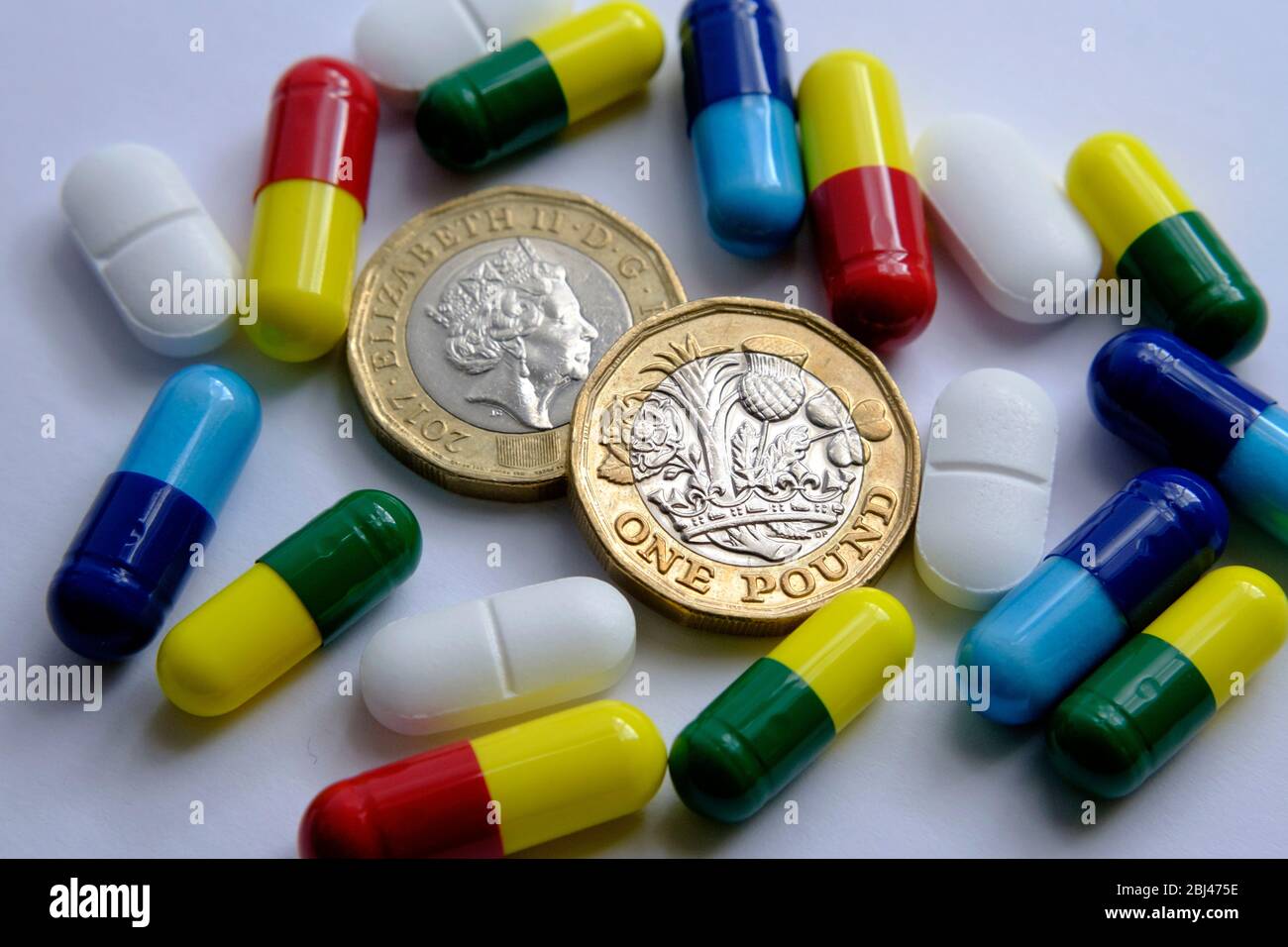 Pile of different colouful pills placed around two british pound coins ...