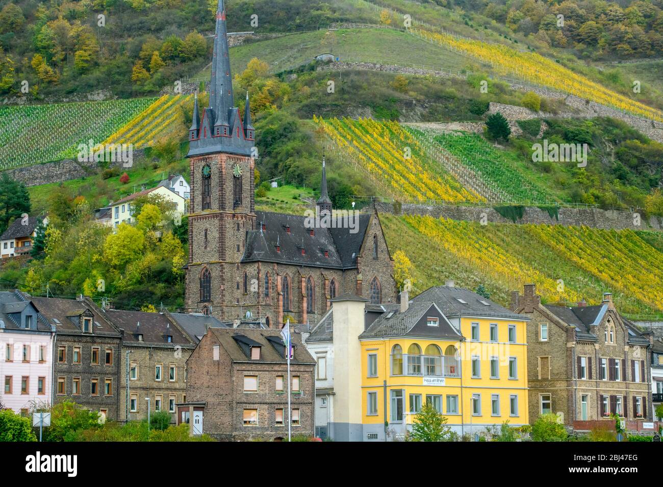 Middle Rhine scenic cruise- Riverside town buildings and houses ...