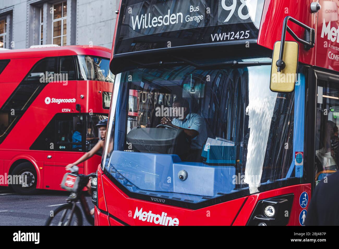 London/UK-24/07/18: male bus driver in a cabin of a double decker ...