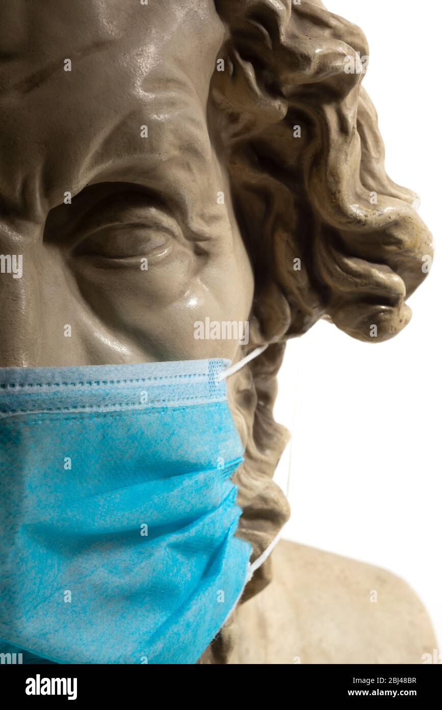 Gypsum Copy of Ancient Statue Homer Wearing Virus Face Mask Stock Photo ...