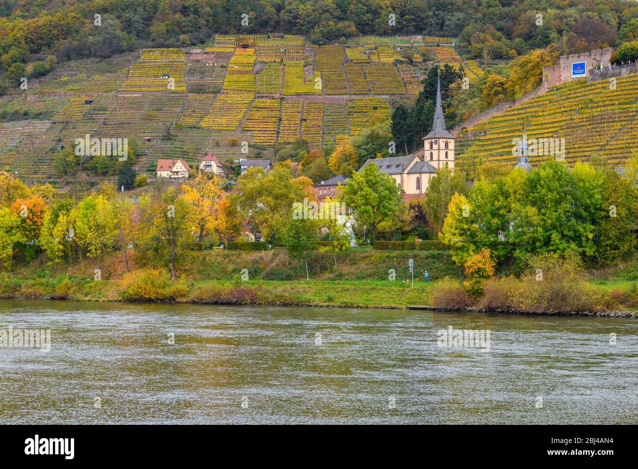 Riverside town houses along the Main River, Klingenberg, Bavaria ...