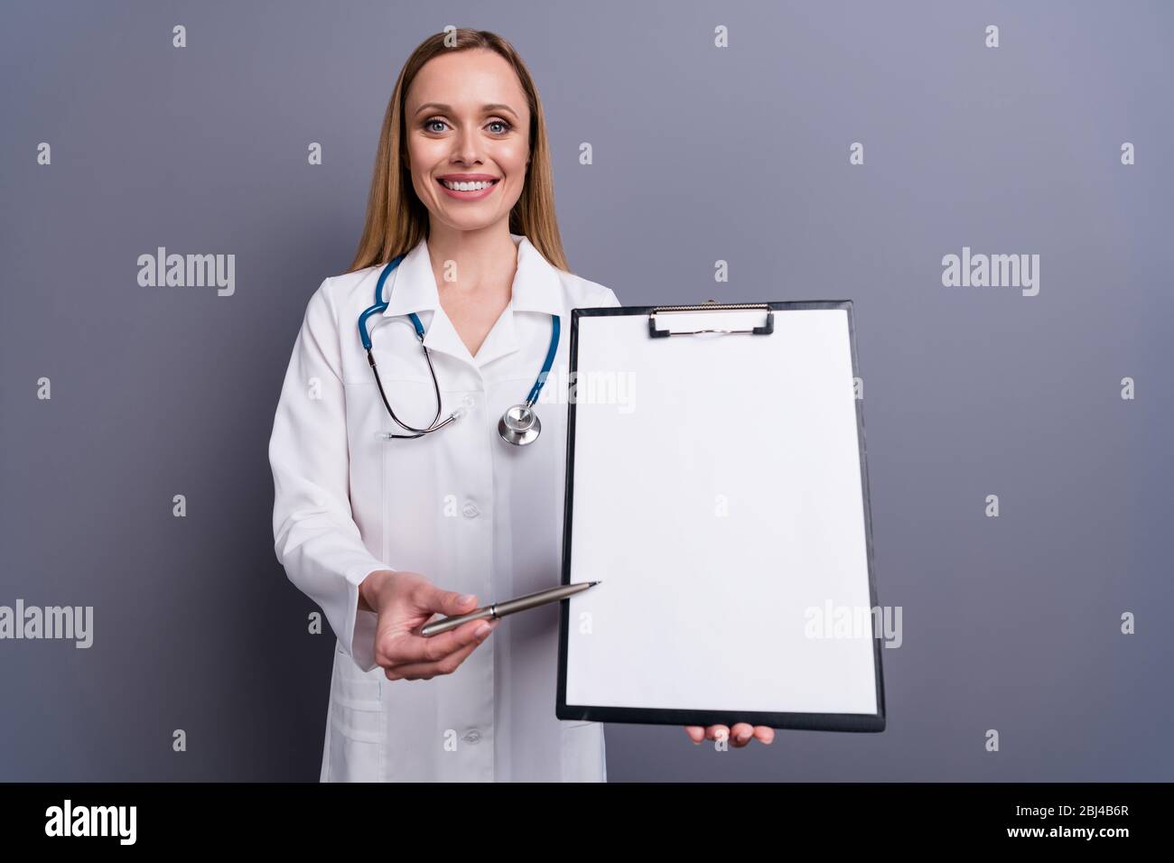 Portrait of nice attractive content cheerful blonde girl doc qualified ...