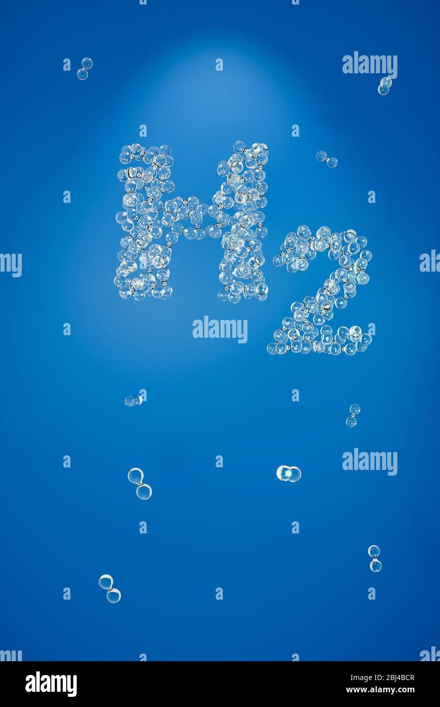 3d render: Abstract hydrogen molecules H2 forming the letters "H2" in ...
