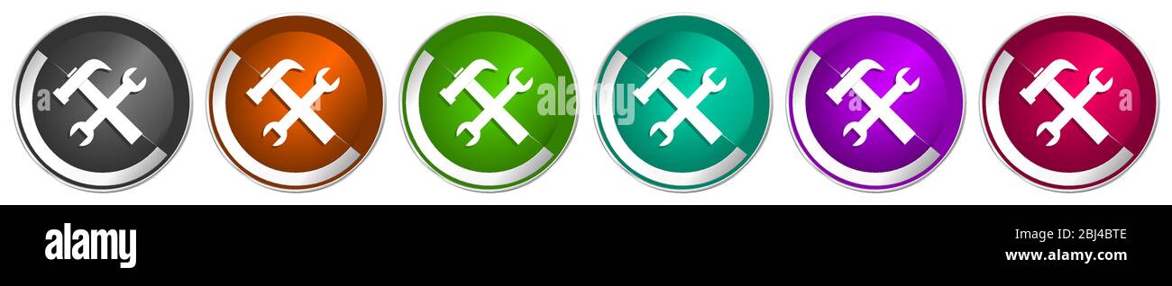 Tools icon set, service silver metallic chrome border vector web ...