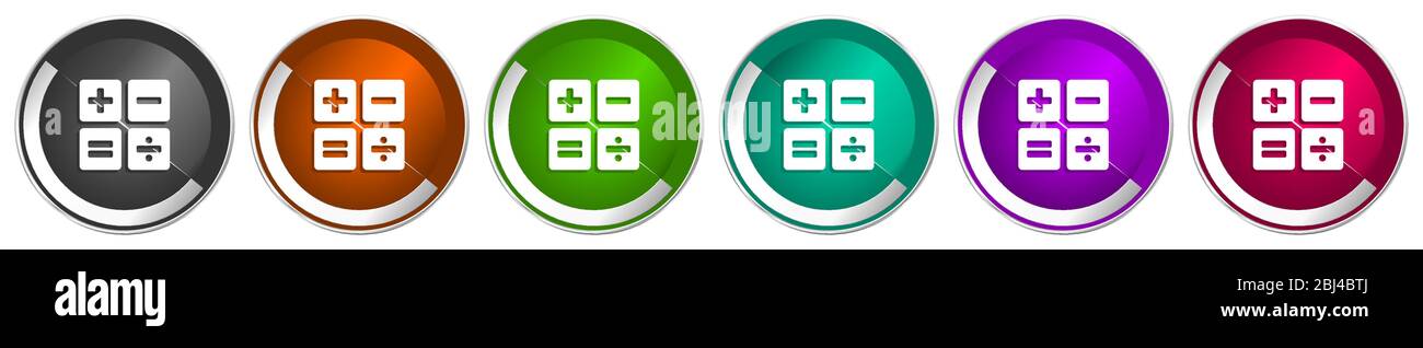 Calculator icon set, silver metallic chrome border vector web buttons ...