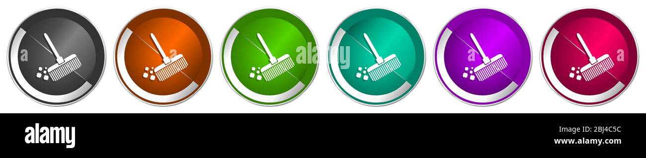 Broom icon set, silver metallic chrome border vector web buttons in 6 ...