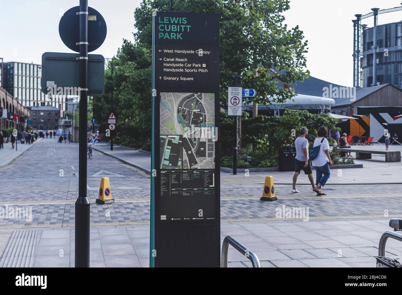 London/UK-26/07/18: Information board on Lewis Cubitt Square. Helpful ...
