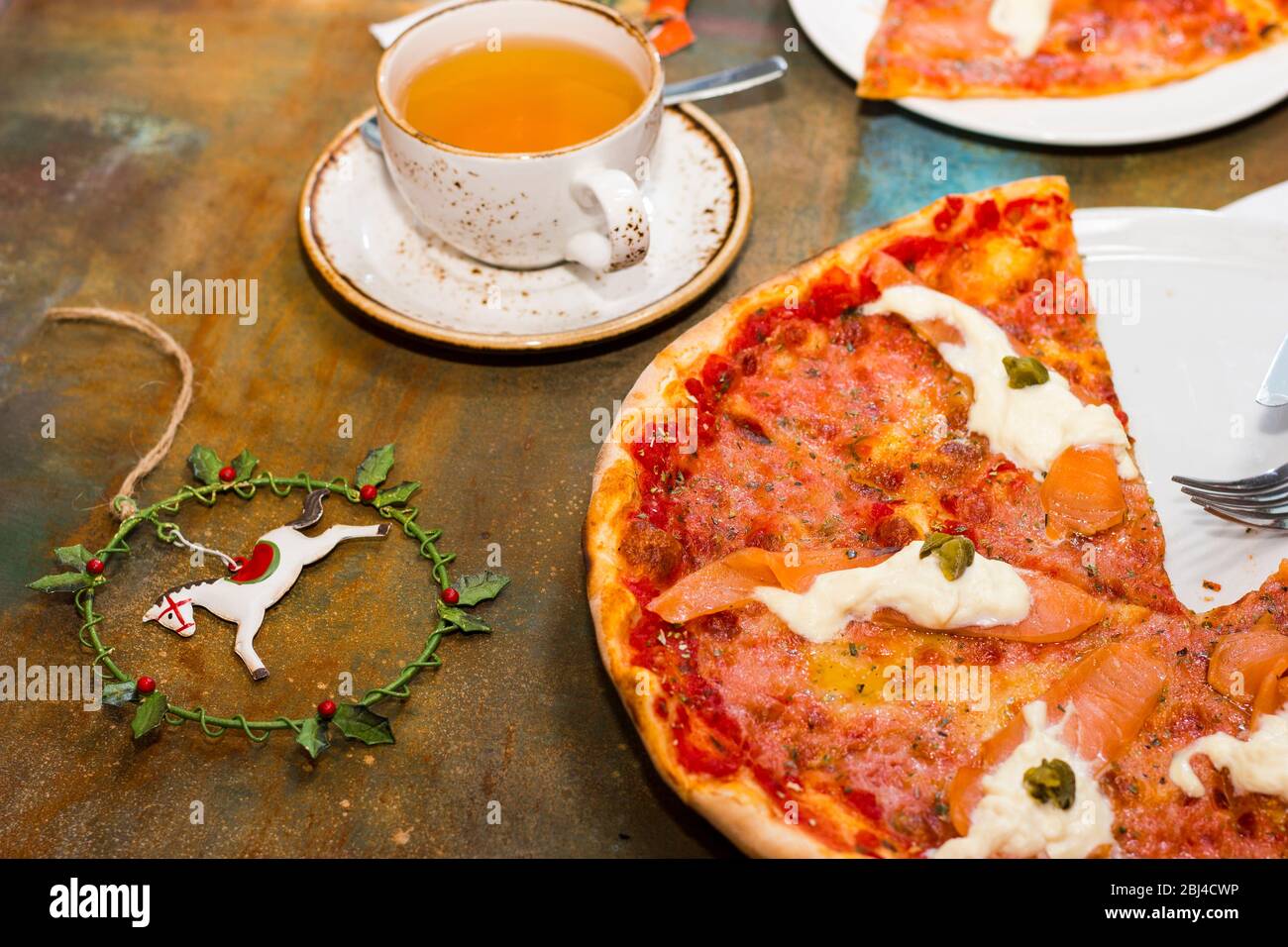 Pizza with red fish and cheese. Seafood Stock Photo - Alamy