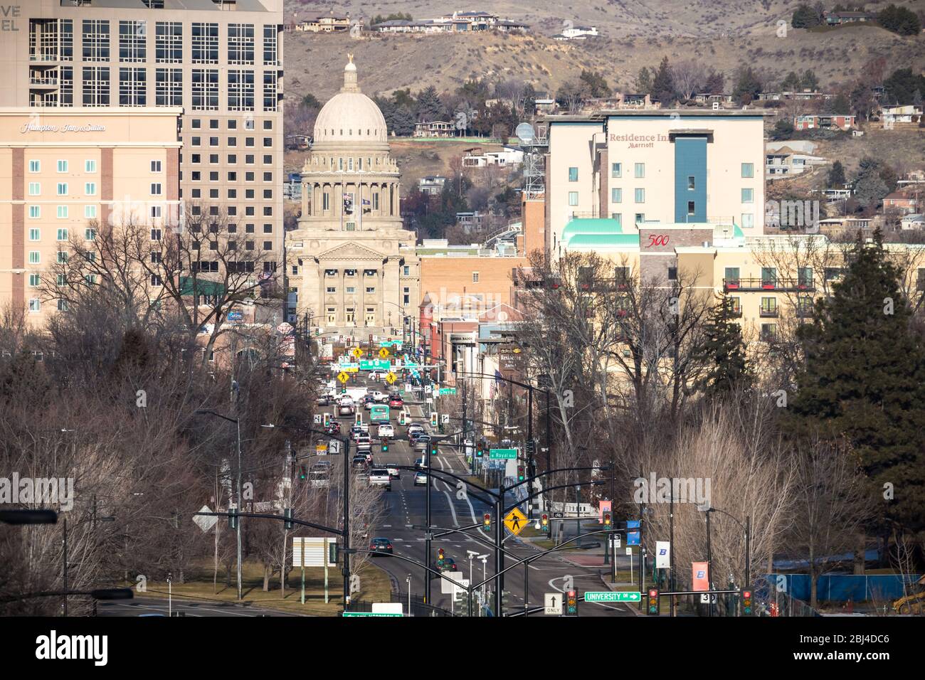 View of downtown Boise as seen from the Boise Train Depot in the winter ...
