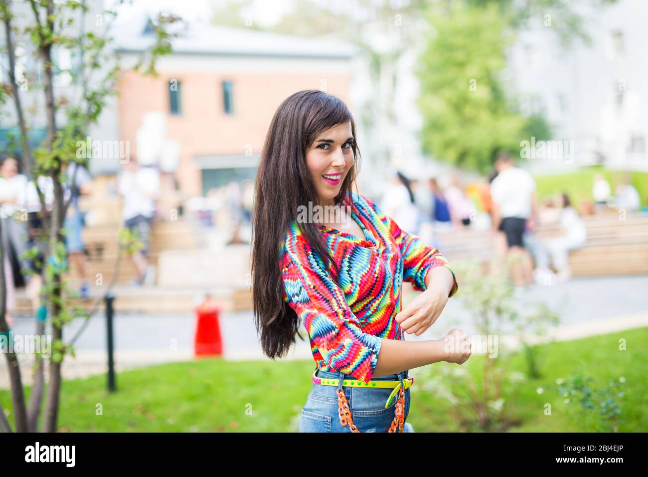 Street shaabi dance and urban dancer concept - Cheerful belly dancer ...