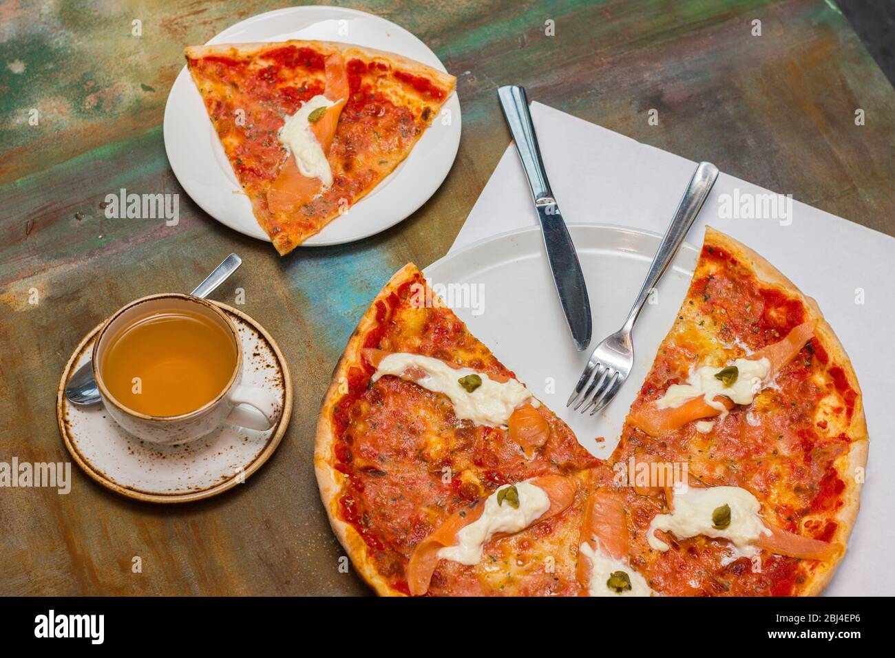 Pizza with red fish and cheese. Seafood Stock Photo - Alamy