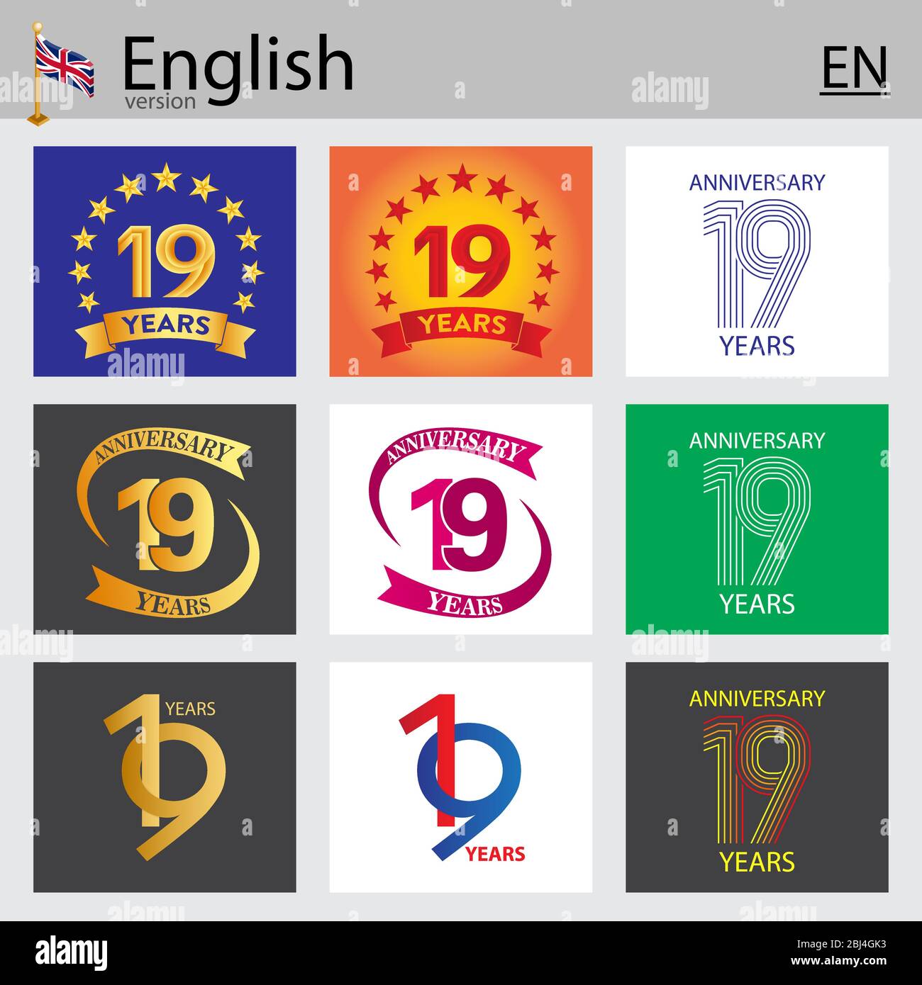 Set of number nineteen years (19 years) celebration design. Anniversary ...