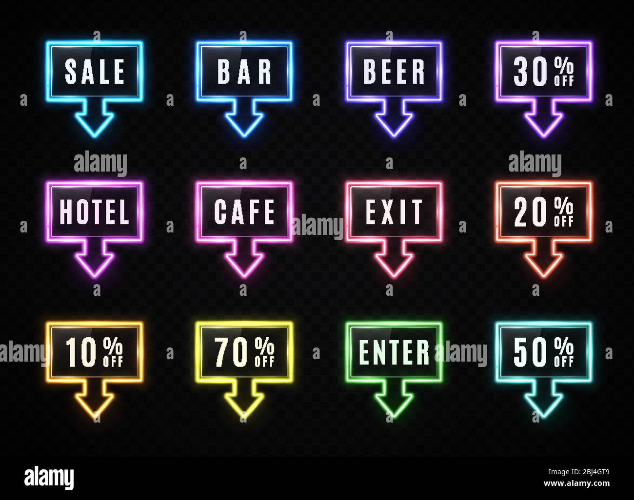 Neon rectangle arrow banner set on dark transparent background. Glowing ...