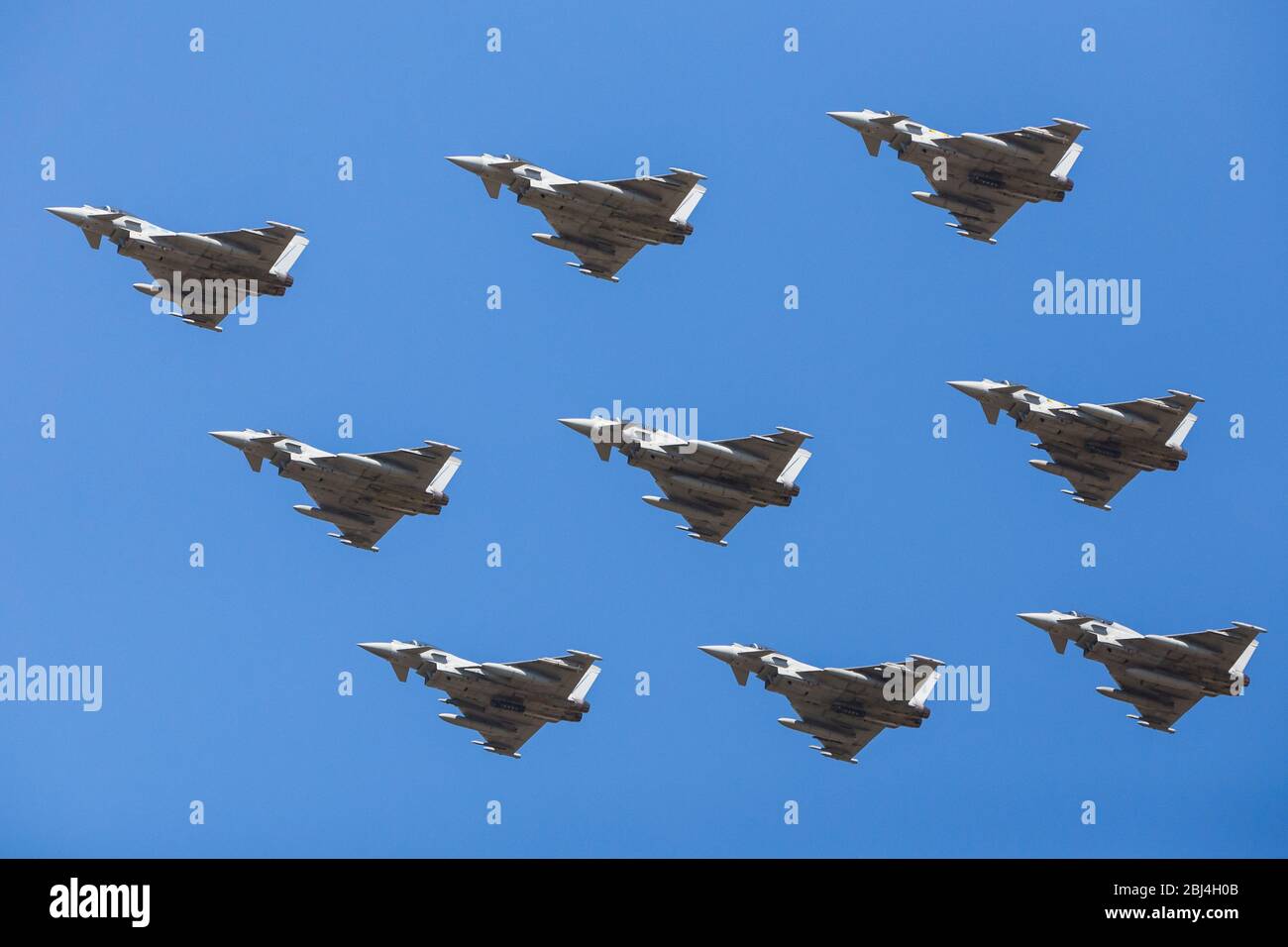 Diamond nine formation of Royal Air Force Typhoon jets Stock Photo - Alamy