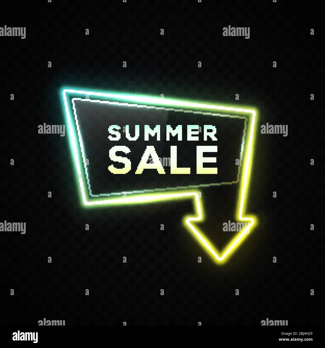 Neon Summer sale sign. Discount arrow banner on dark transparent ...