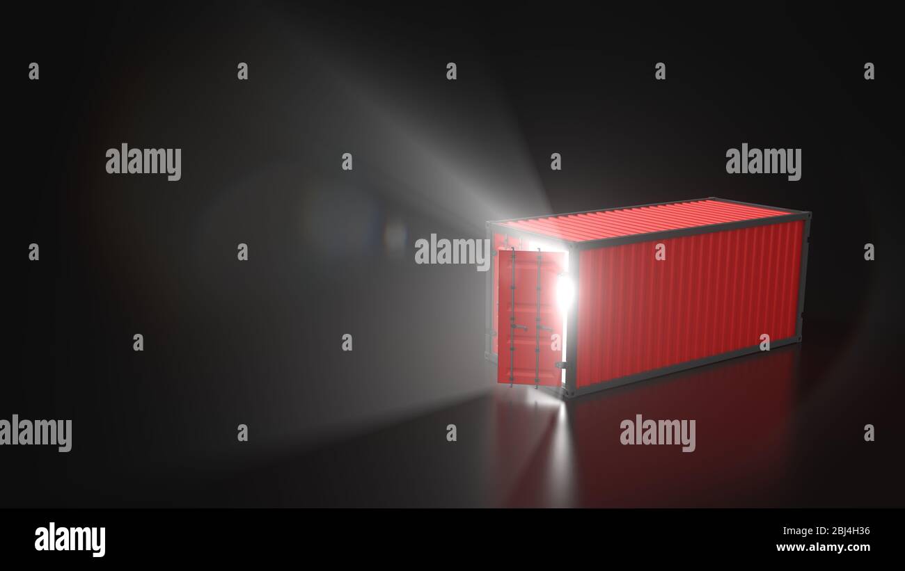 red shipping container in the dark with light rays from opened door. 3D ...