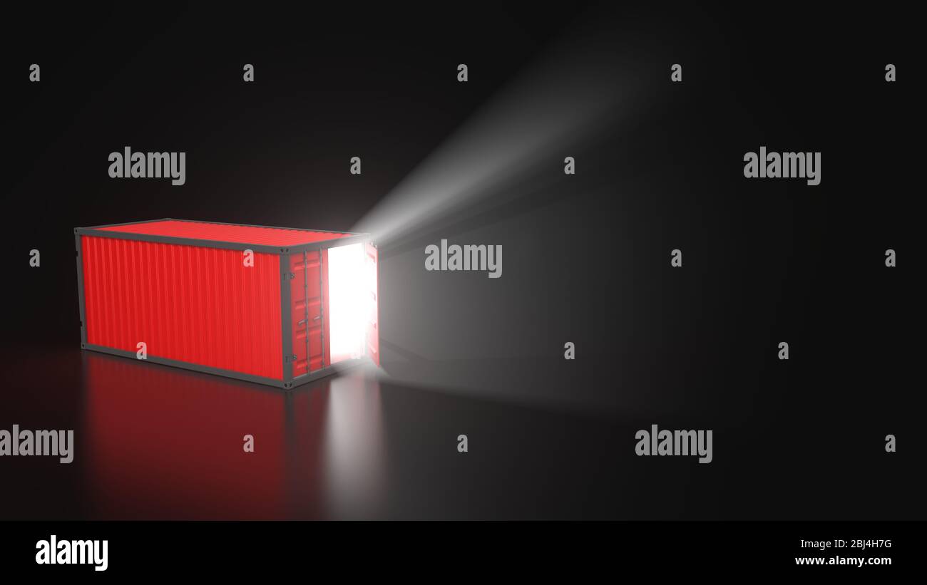 red shipping container in the dark with light rays from opened door. 3D ...