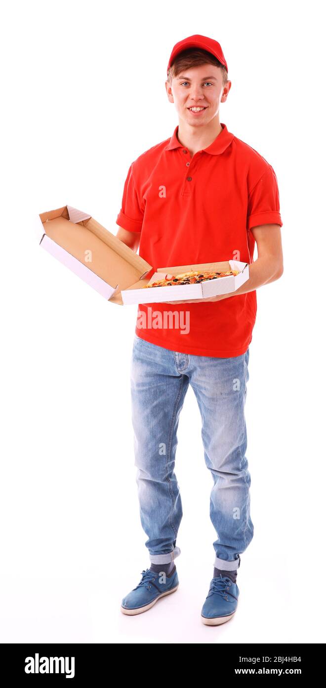 Delivery boy with cardboard pizza box isolated on white Stock Photo - Alamy