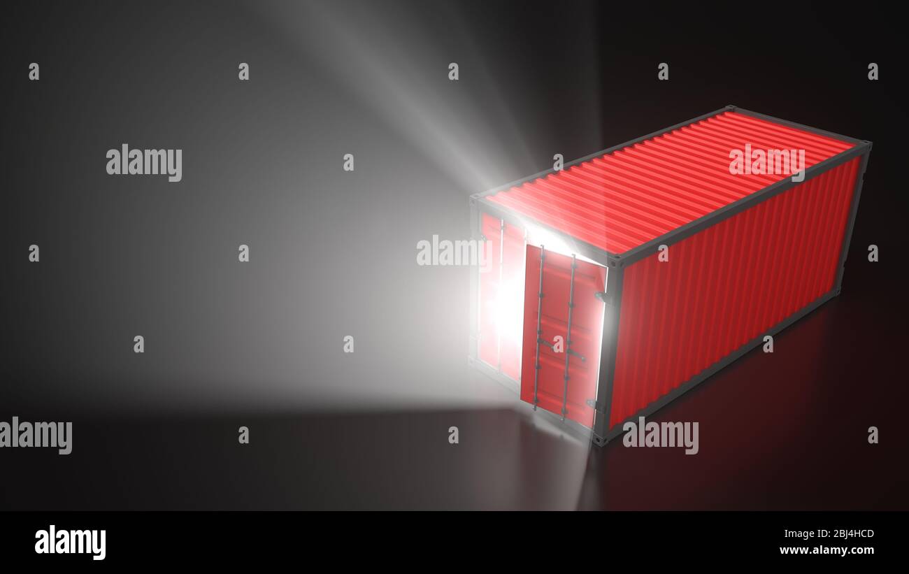 red shipping container in the dark with light rays from opened door. 3D ...