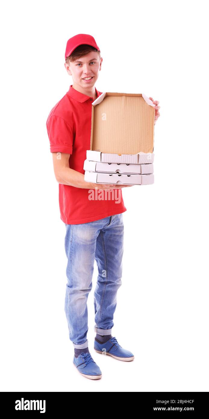 Delivery boy with cardboard pizza boxes isolated on white Stock Photo ...