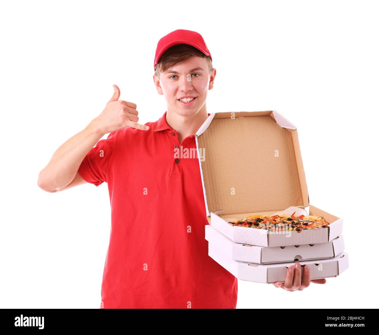 Delivery boy with cardboard pizza boxes isolated on white Stock Photo ...