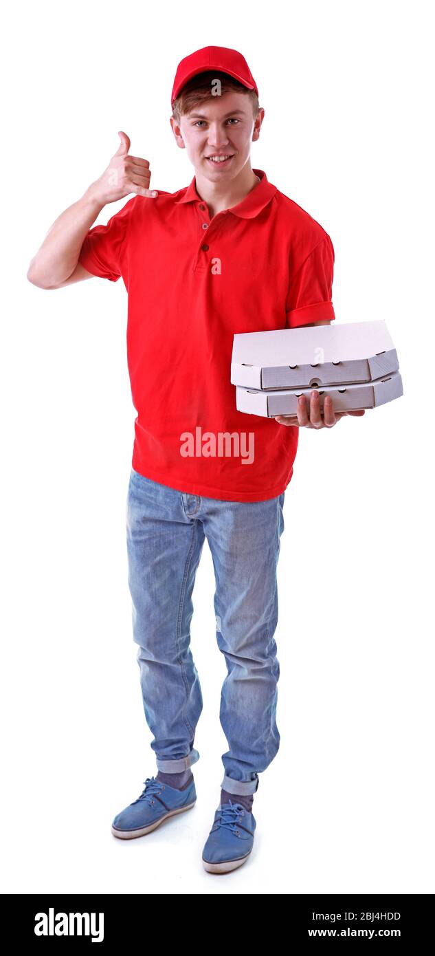 Delivery boy with cardboard pizza boxes isolated on white Stock Photo ...
