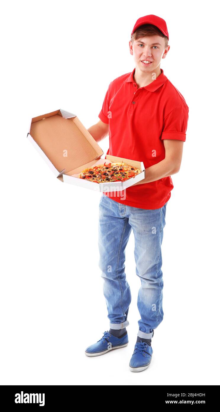 Delivery boy with cardboard pizza box isolated on white Stock Photo - Alamy