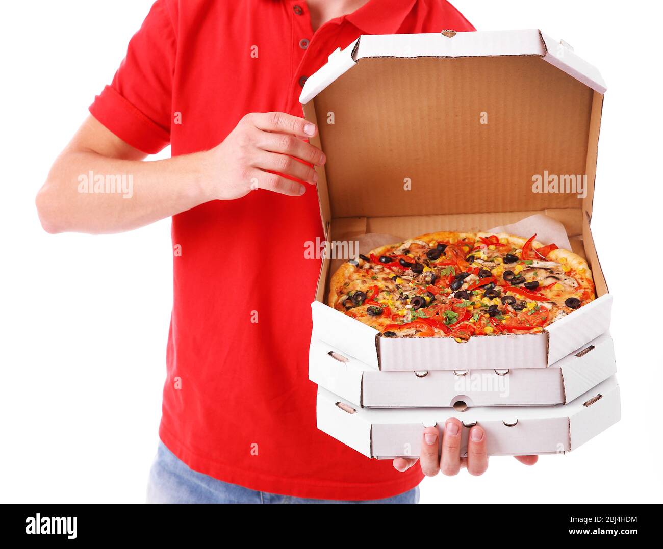 Delivery boy with cardboard pizza boxes isolated on white Stock Photo ...