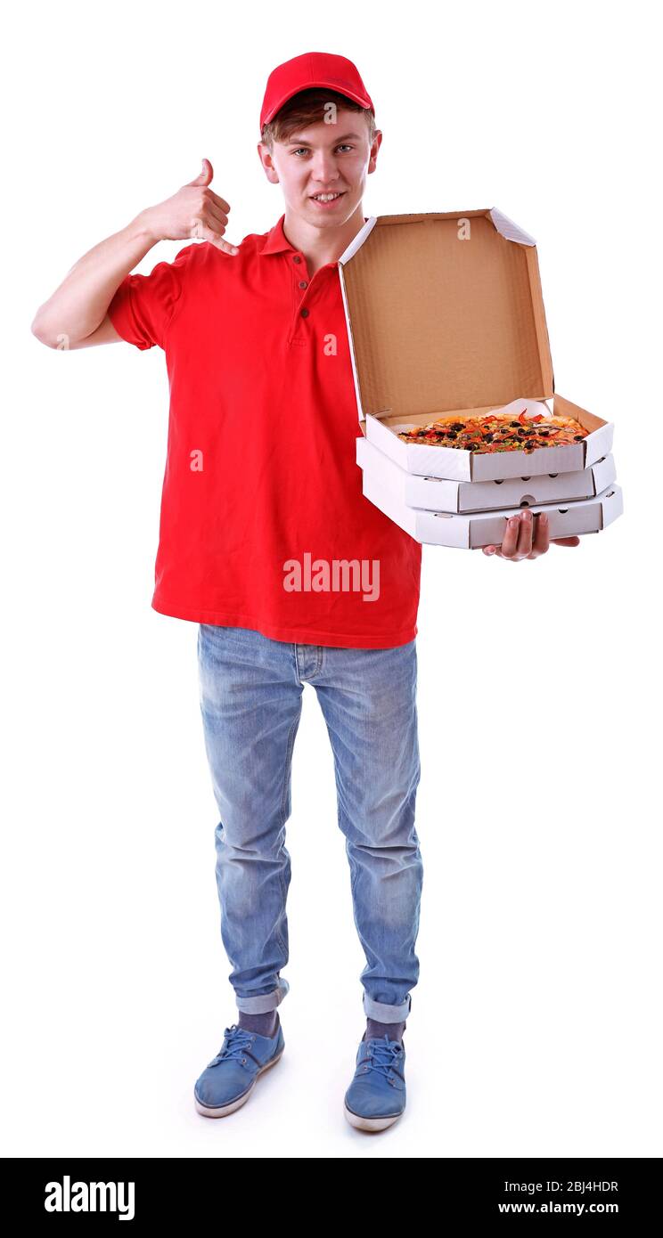 Delivery boy with cardboard pizza boxes isolated on white Stock Photo ...